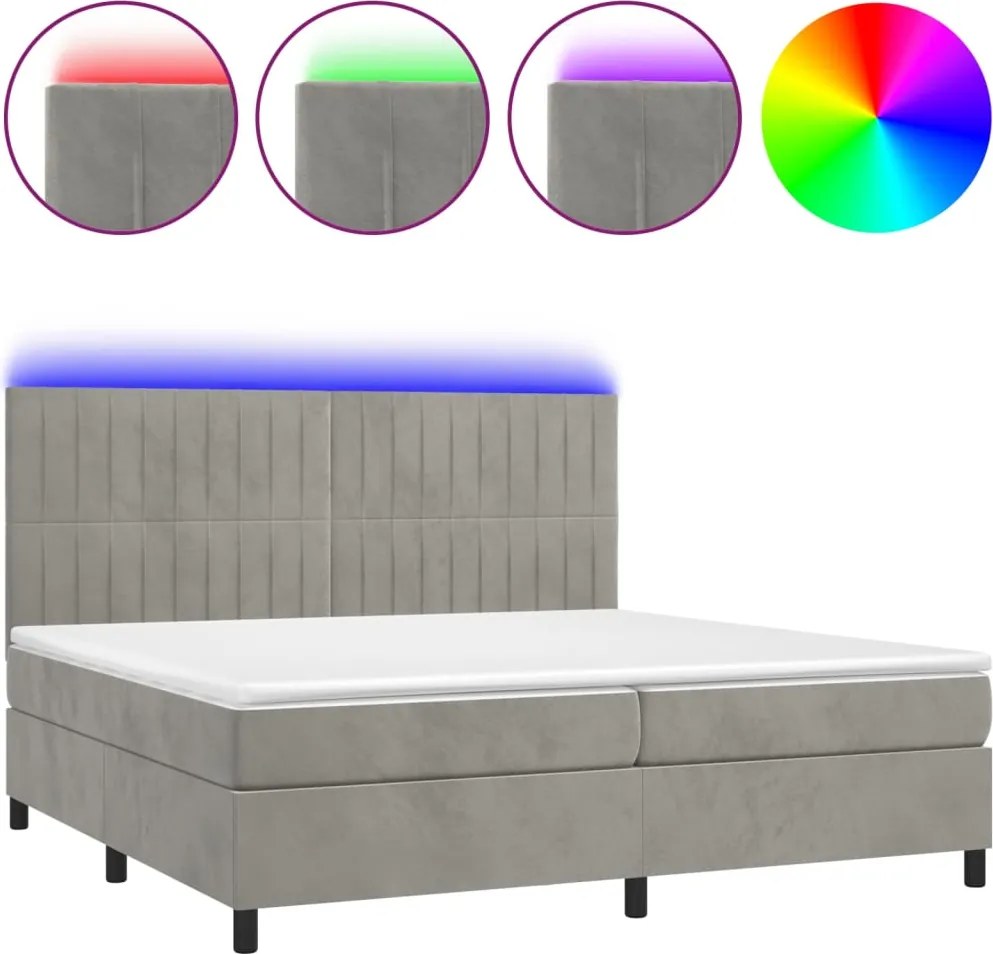 Box spring postel s matrací a LED světle šedá 200x200 cm samet 3136263