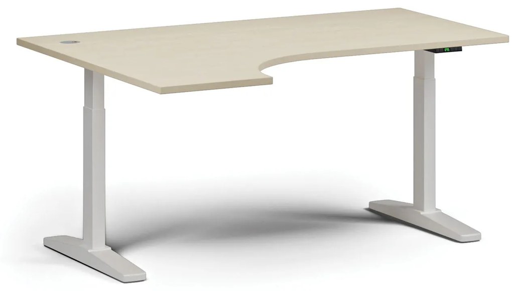 Výškově nastavitelný stůl, elektrický, 675-1325 mm, rohový levý, deska 1600x1200 mm, bílá podnož, dub přírodní