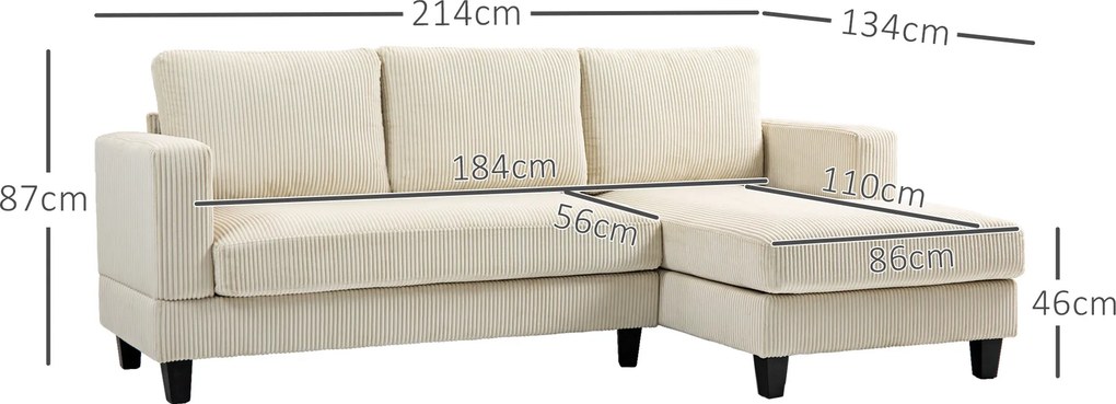 HOMCOM rohová pohovka z kostkového sametu, 3-místná pohovka s otomankou a silně polstrovanými polštáři s pružinami, šířka 214 cm, béžová