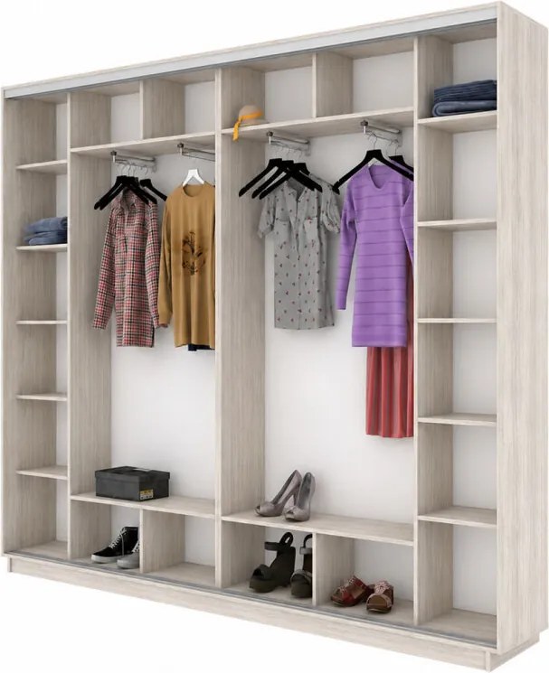 Šatní skříň s posuvnými dveřmi 4D 2800x2300x450 2LTD 2 zrcadla artwood světlý, profil stříbrný