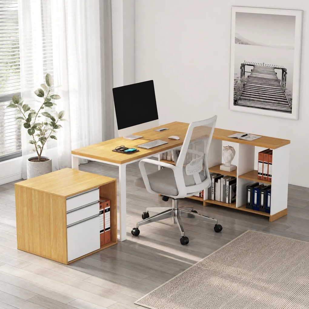 Rohový kancelářský stůl s regálem Houseland Nuvia Home 02 160 cm dub/bílý