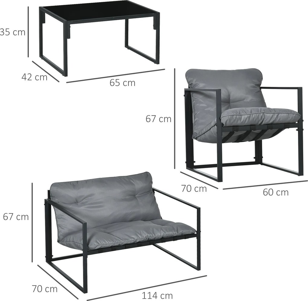 Sada zahradního nábytku Outsunny pro 4 osoby - ocelová a povětrnostním vlivům odolná sada nábytku na balkon s 2-místnou pohovkou, křeslem a skleněným…