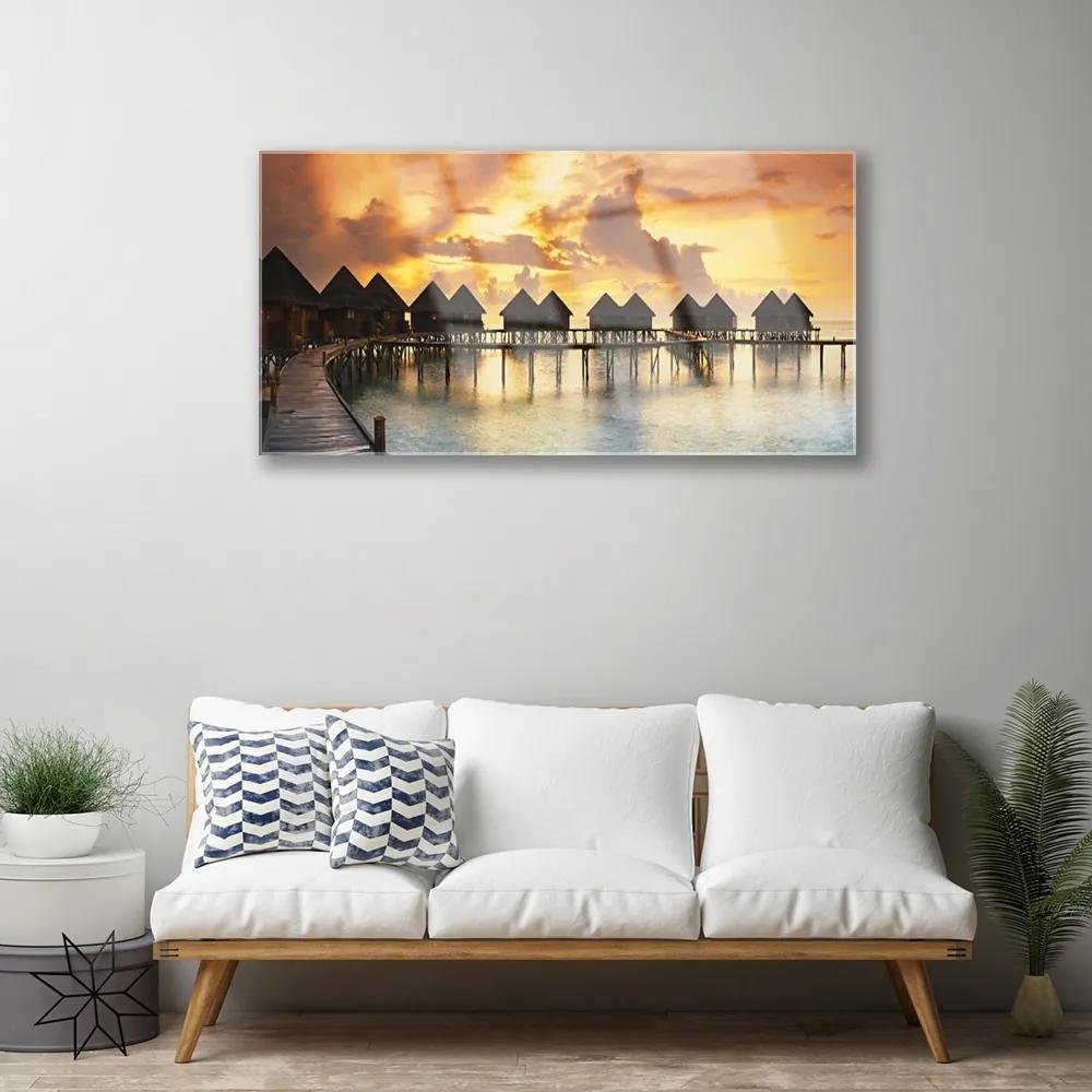 Obraz na skle Moře Prázdniny Domky 125x50 cm