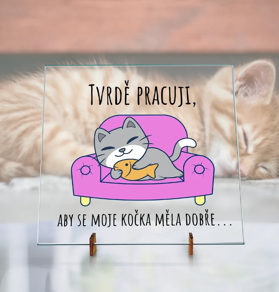 Ahome CZ Dekorační skleněná deska - Tvrdě pracuji. Barevná kočka