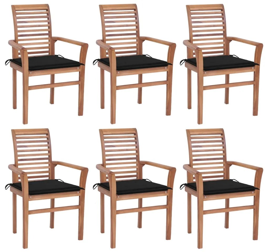 Jídelní židle 6 ks s černými poduškami masivní teak,  3072953