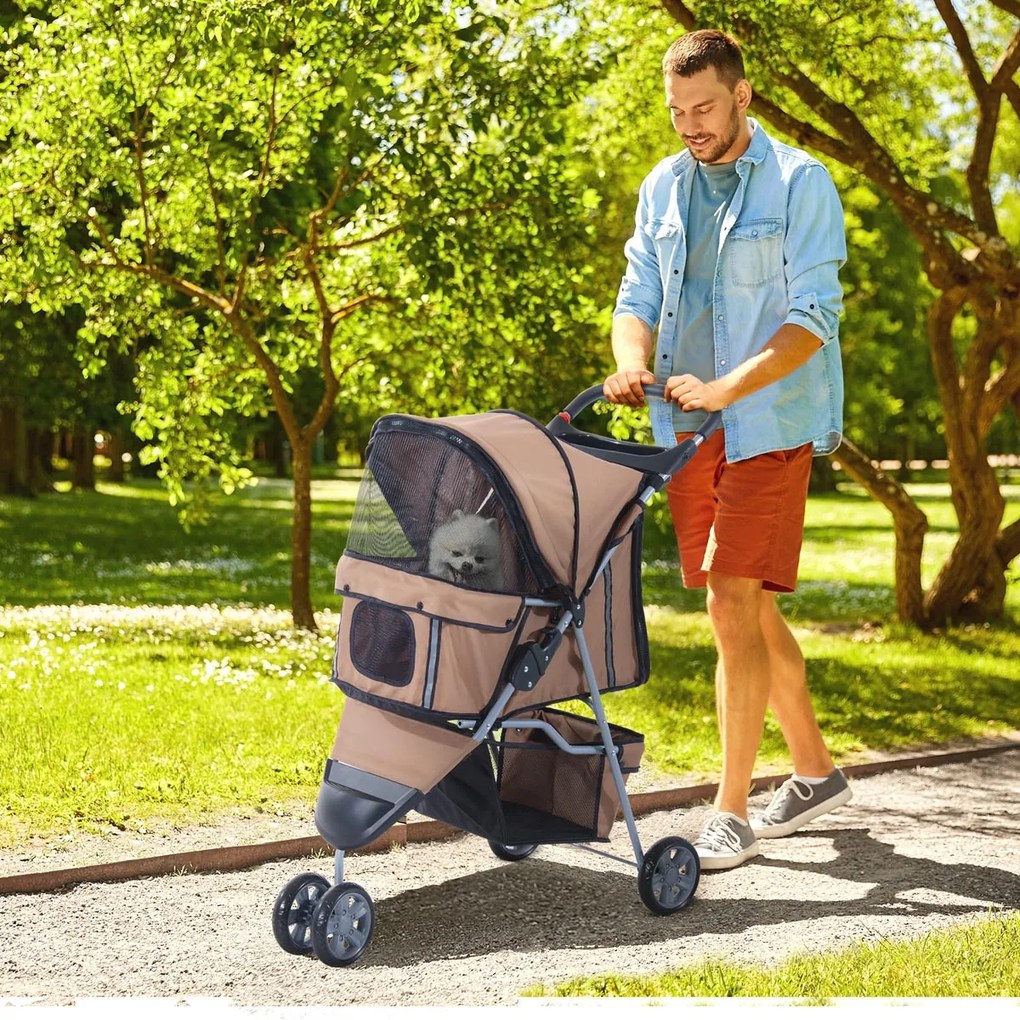 Tříkolový kočárek pro psy PawHut do 10 kg a 35 cm, hnědý