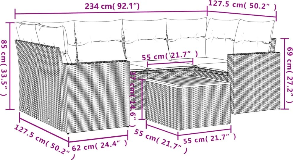 7dílná zahradní sedací souprava s poduškami černá polyratan 3224019