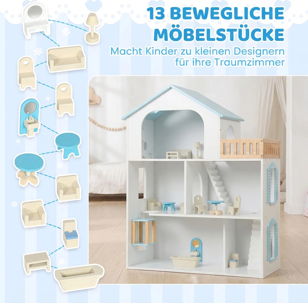 AIYAPLAY Domeček pro panenky 79,5 cm vysoký, 3patrový s výtahem, 13 kusy nábytku, balkón, velký dárek pro dívky od 3 do 6 let, modrý
