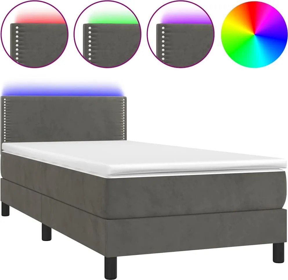 Box spring postel s matrací a LED tmavě šedá 90x200 cm samet 3134322