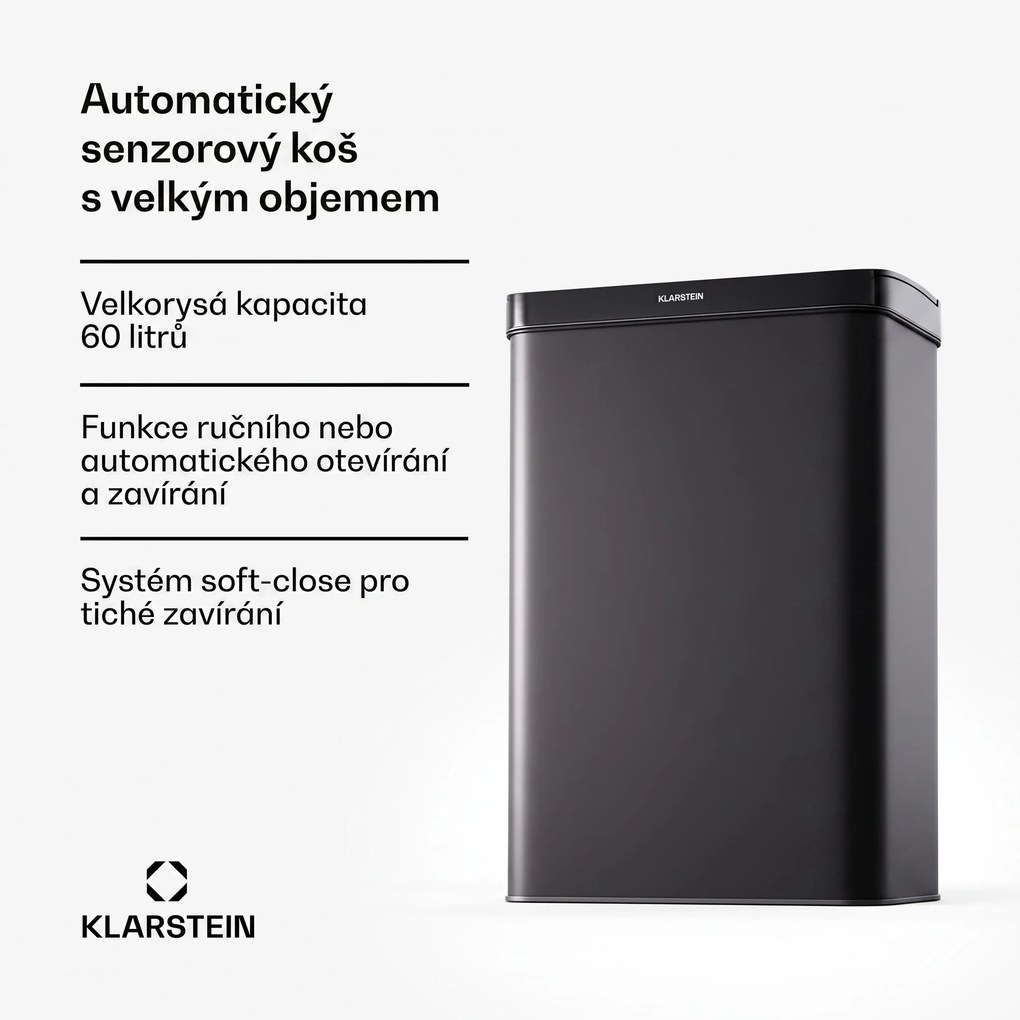 Klarstein Touchless, senzorový odpadkový koš, 60 l, z nerezavějící oceli, Soft-Close zavírání, napájen baterií, LED displej, časovač