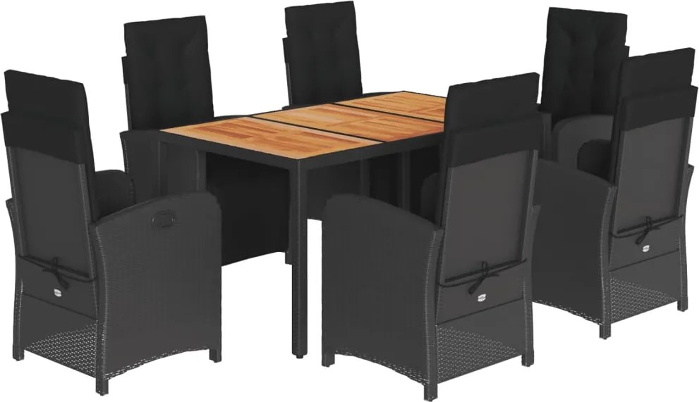 7dílný zahradní jídelní set s poduškami černý polyratan 3212477