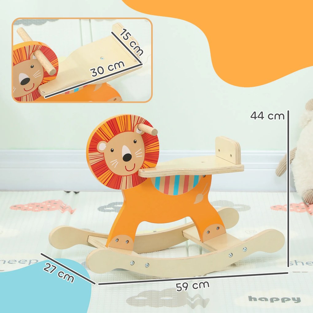 Houpací kůň s designem lva, nosnost 25 kg, 2-5 let, dřevo, oranžový