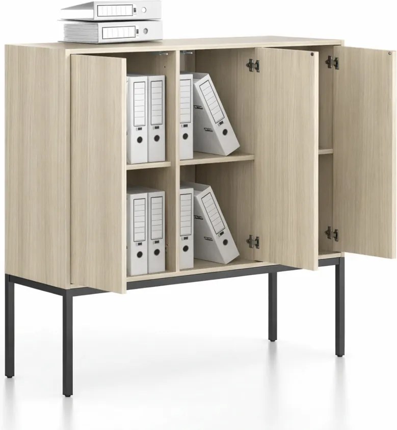 Kancelářská skříň FRAME, nízká, černá podnož, 3x dveře, 1299 x 450 x 1331 mm, PUSH-lock, dub přírodní