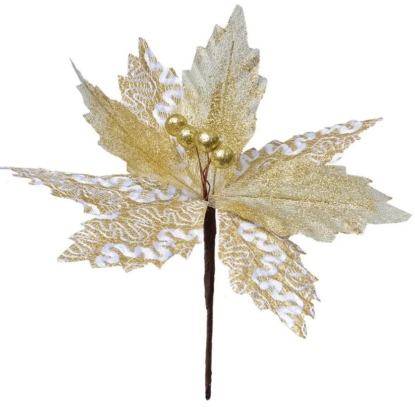Bílo-zlatá umělá květina zápich vánoční hvězda Poinsettia - Ø 22*25 cm