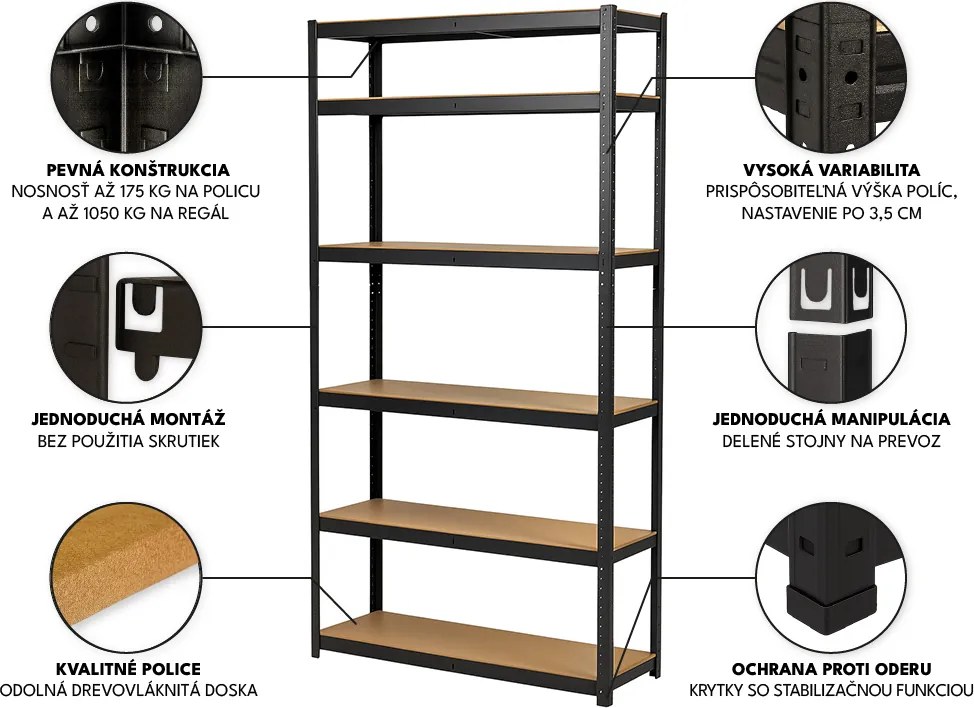 Regál 220x120x60 cm lakovaný 6-policový, nosnost 1050 kg - černý - 4ks