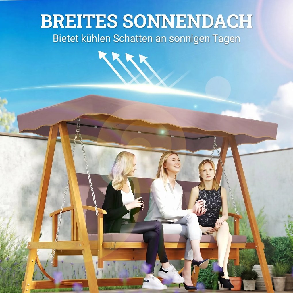 Hollywoodschaukel mit Sonnendach, Echtholz-Gartenschaukel, Schaukelbank mit Liege-Funktion, für 3 Personen, Braun