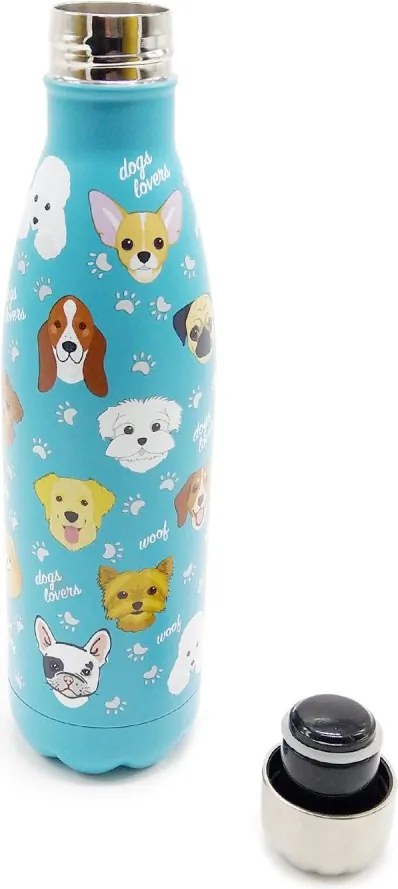 Nerezová termolahev Psi, 500 ml – tyrkysová, matný povrch, s motivem pejsků