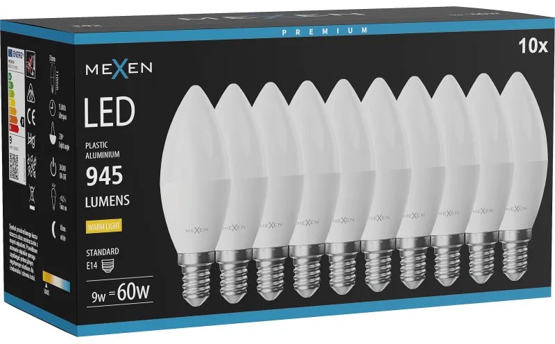 Mexen Nova 10x LED žárovka E14, C37, 9W, Teplá - 3000K, 945 lm - L102-E14-0930-01x10