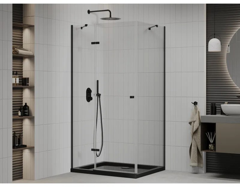 Mexen Roma, sprchový kout s 1-křídlými dveřmi 100 (dveře) x 80 (stěna) cm, 6mm čiré sklo, černý profil, slim sprchová vanička 5cm černá s černým sifonem, 854-100-080-70-00-4070B