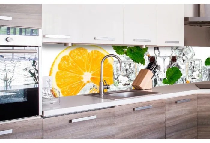 DIMEX | Fototapeta do kuchyně Citrón a led KI-260-023 | 260 x 60 cm | zelená, bílá, oranžová