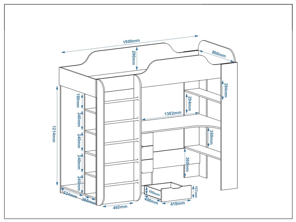 Vomaks unit, s.r.o. Patrová postel KIDS, 80 x 190 cm, s psacím stolem, regály a šatní skříní Barva: dub tacho