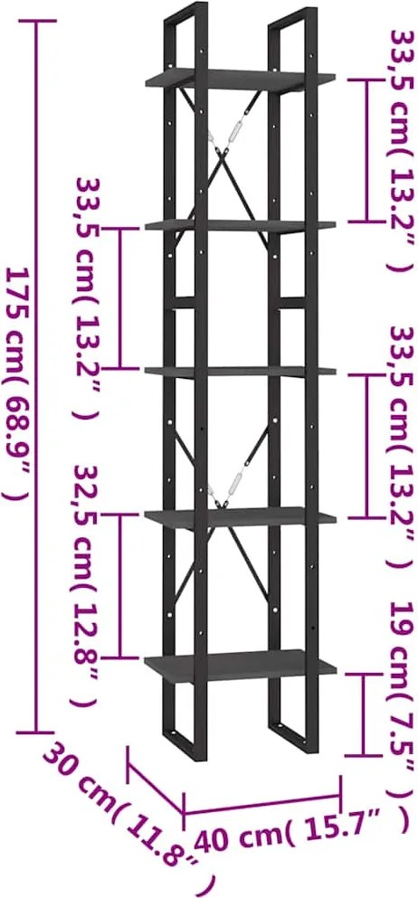 Knihovna s 5 policemi šedá 40 x 30 x 175 cm borové dřevo 3081975