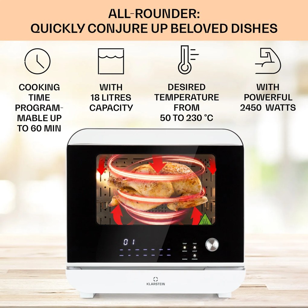 Klarstein Vita Pro, horkovzdušná fritéza, vaření v páře, 18 l, 2450 W, 14 programů, nádržka na vodu 800 ml