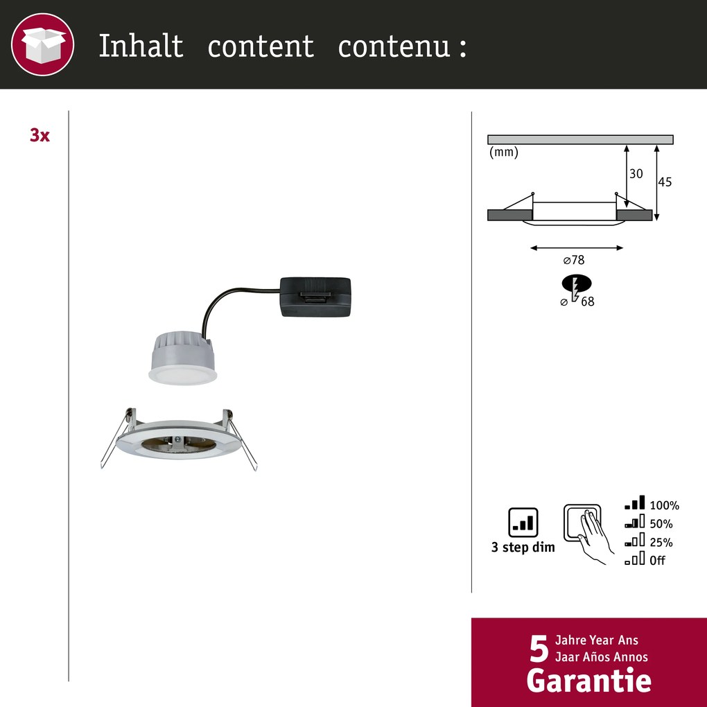 Paulmann 93494 LED Coin Nova round, set kulatých bodovek v úpravě broušená ocel, LED 3x6,5W 2700K tříkrokové stmívání, prům. 7,8cm
