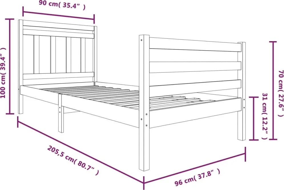 vidaXL Rám postele masivní dřevo 90 x 200 cm [3100640] Barva: Bílá