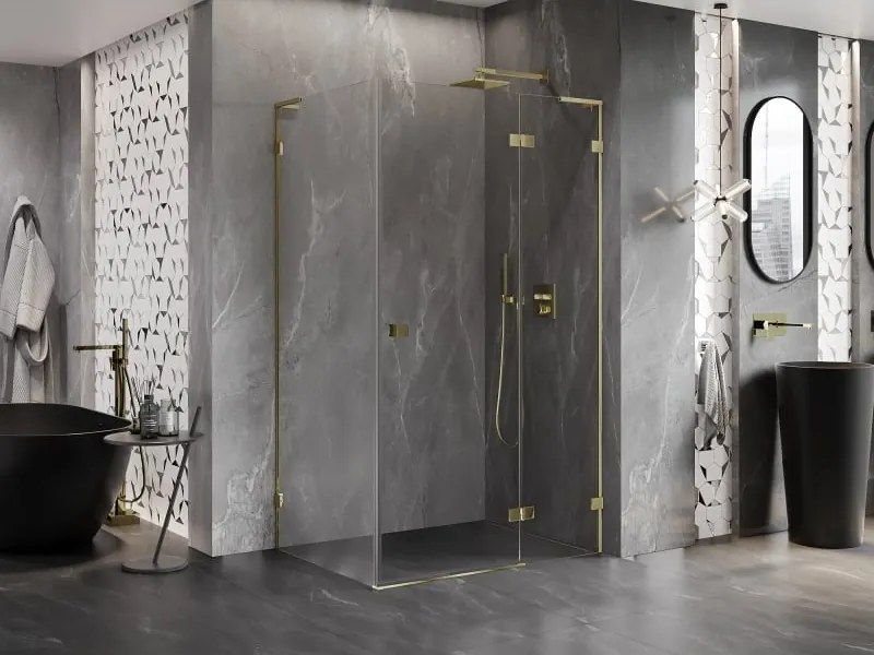 Mexen Lunar, L výklopný sprchový kout pravý 90 x 80 cm, 8mm čiré sklo, zlatý profil, 834L-090-080-50-00-P