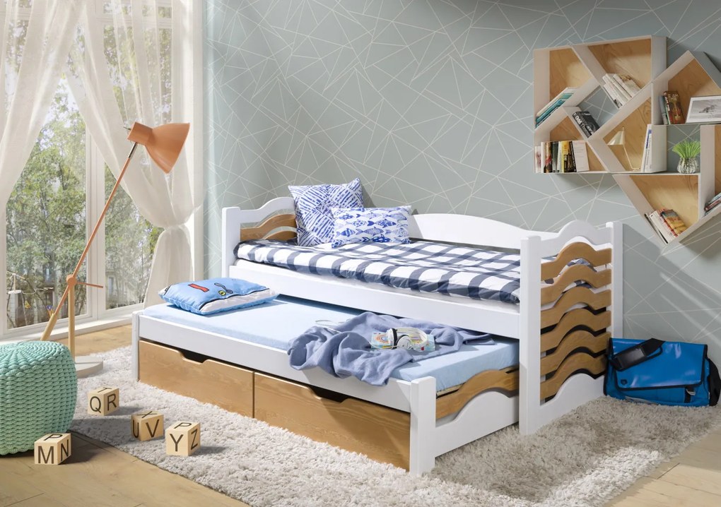Rozkládací postel Mikolaj s úložným prostorem 90x200 cm (Š 97 cm, D 208 cm, V 80 cm), Dub, Buk, 2 ks matrace (1 ks hlavní + 1 ks přistýlka), zábranka vlevo