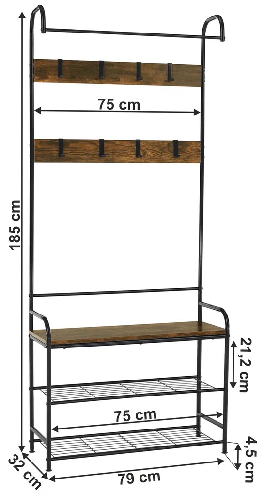 Kondela Věšák s botníkem, černý kov/MDFrustikální dřevo, KELAM