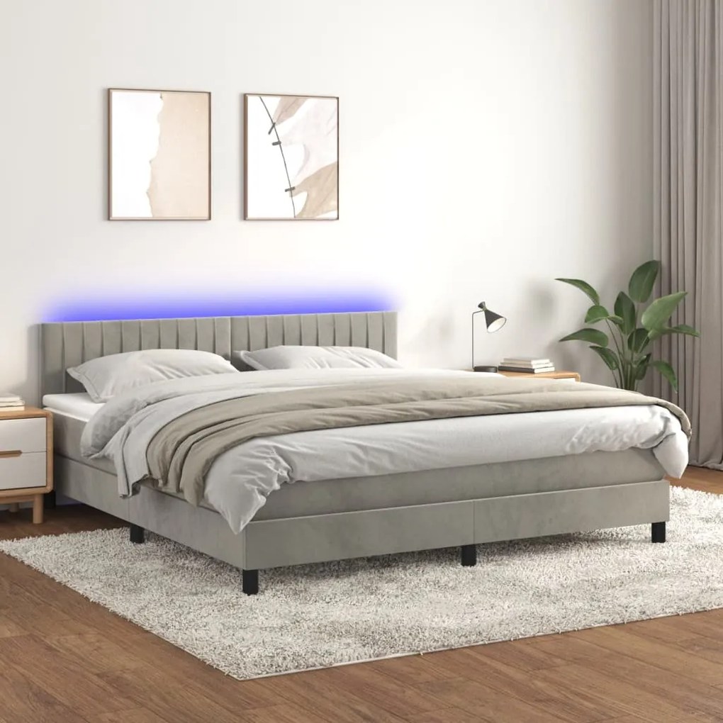 Box spring postel s matrací a LED světle šedá 160x200 cm samet 3134531