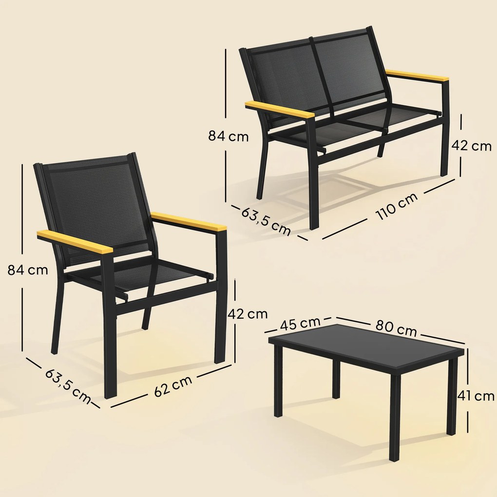 Outsunny Sada zahradního nábytku kovová sedací souprava pro 4 osoby zahradní obývací pokoj s 2místnou pohovkou křeslo stolek 110x63,5x84 cm černá