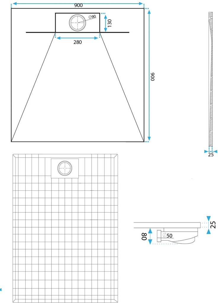 Rea Bazalt, sprchová vanička 90x90x2, 5 cm + nízký sifon, šedá, REA-K4105