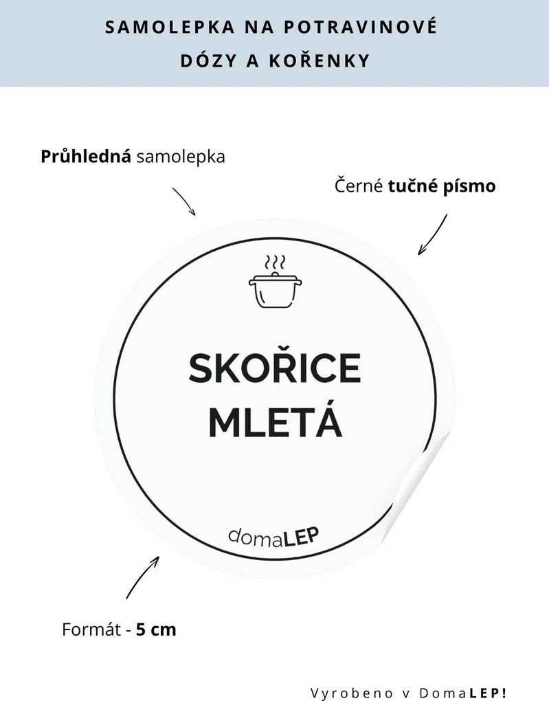 Samolepka na kořenky SKOŘICE MLETÁ průhledná 5 cm tučné písmo