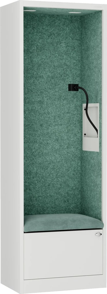 Kancelářská akustická kabina se sedátkem a USB-C portem, korpus bílý / sedák zelený, 600 mm: SALLY MentalBox