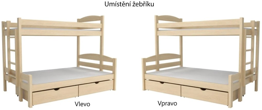 Dětská patrová postel z masivu borovice s rozšířeným spodním lůžkem SAVANA  se šuplíky - 200x90/140 cm - PŘÍRODNÍ BOROVICE