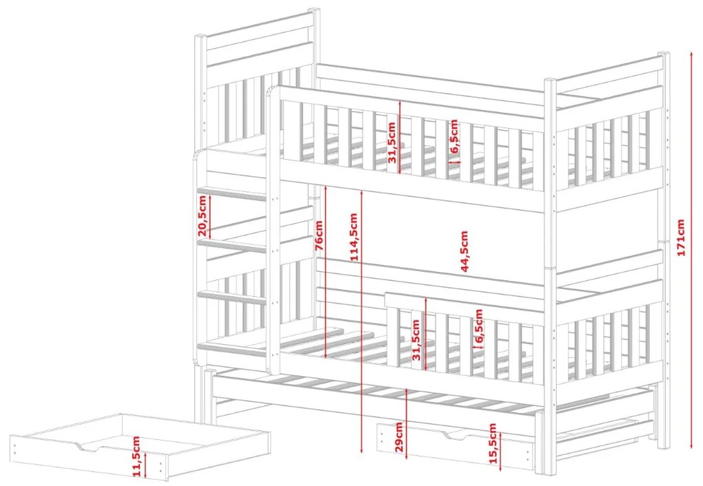 Dětská patrová postel z masivu borovice KLÁRA s přistýlkou a šuplíky - 200x90 cm - BÍLÁ