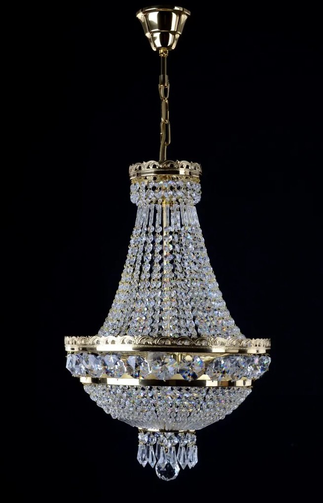 Křišťálový lustr se 3 žárovkami, štrasový koš s broušenými hlavičkami a křišťálovými dropsy