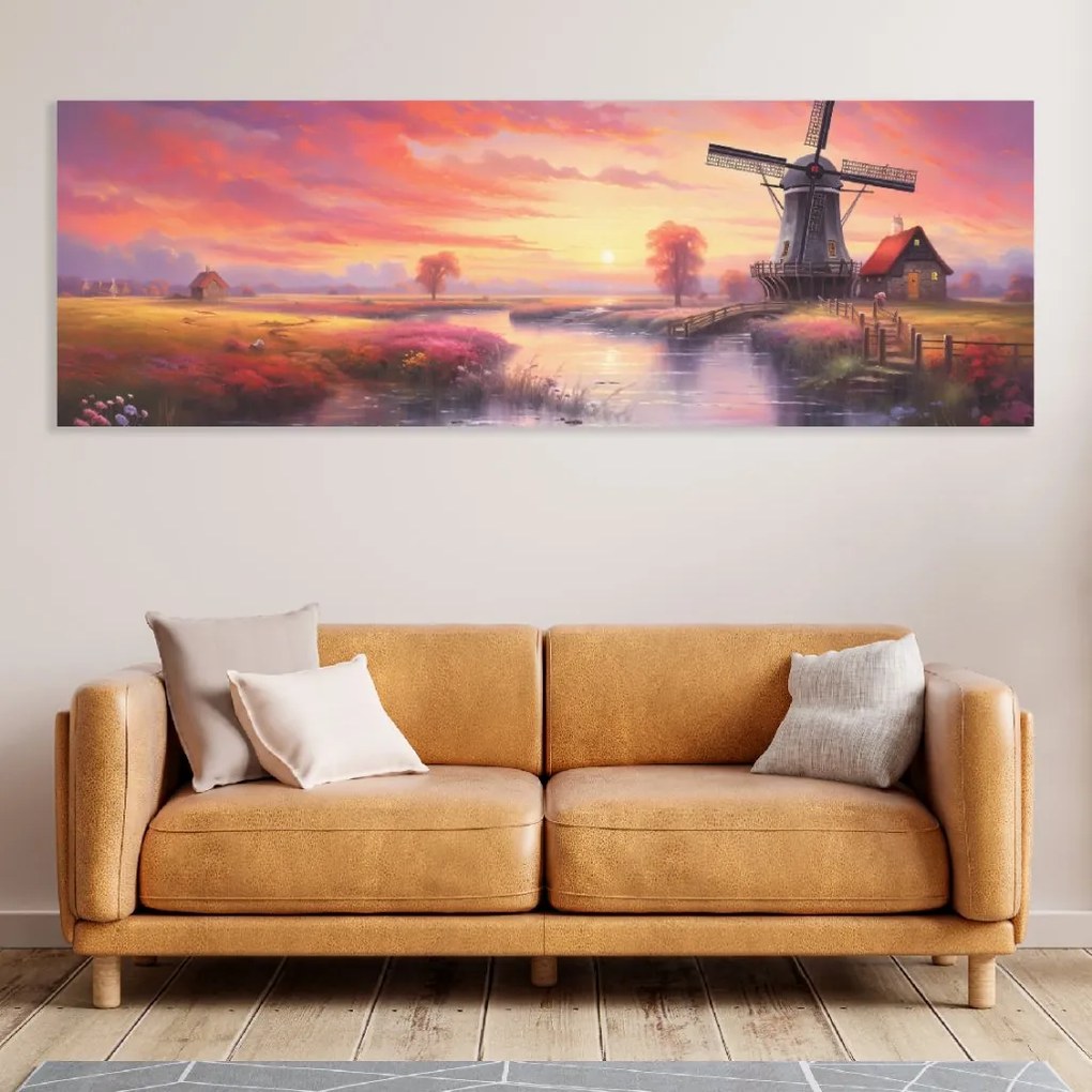 Obraz na plátně - Větrný mlýn při západu slunce FeelHappy.cz Velikost obrazu (šířka x výška): 240 x 80 cm