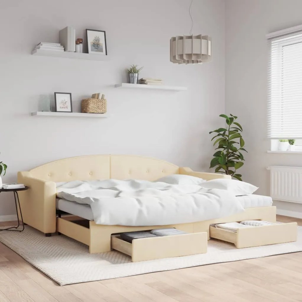 Válenda s přistýlkou a zásuvkami krémová 90 x 200 cm textil 3197570