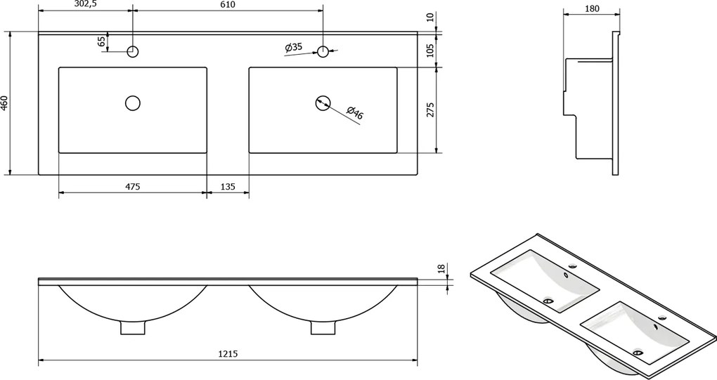 Sapho, SLIM keramické dvojumyvadlo 120x46cm, nábytkové, 1601-120