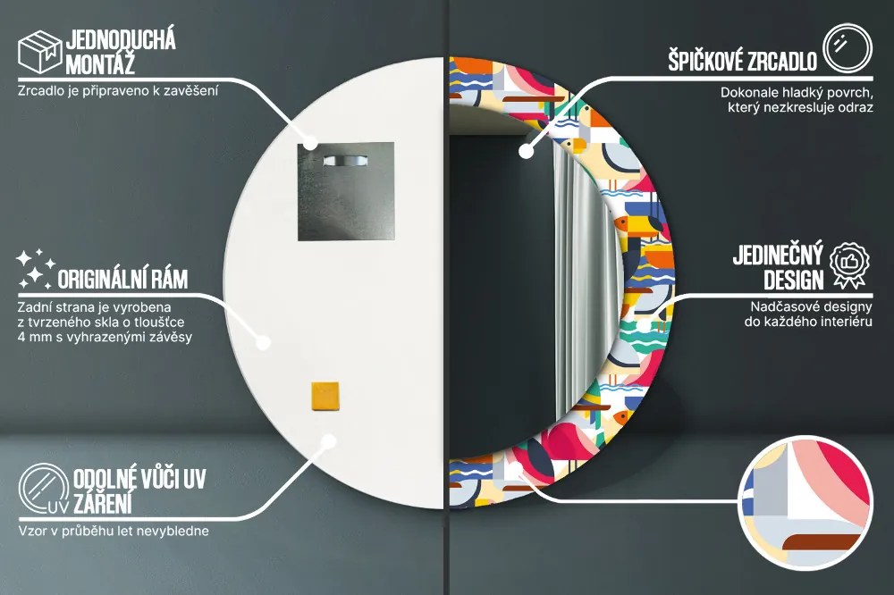 Kulaté dekorativní zrcadlo na zeď Geometrické tropické ptáky fi 70 cm