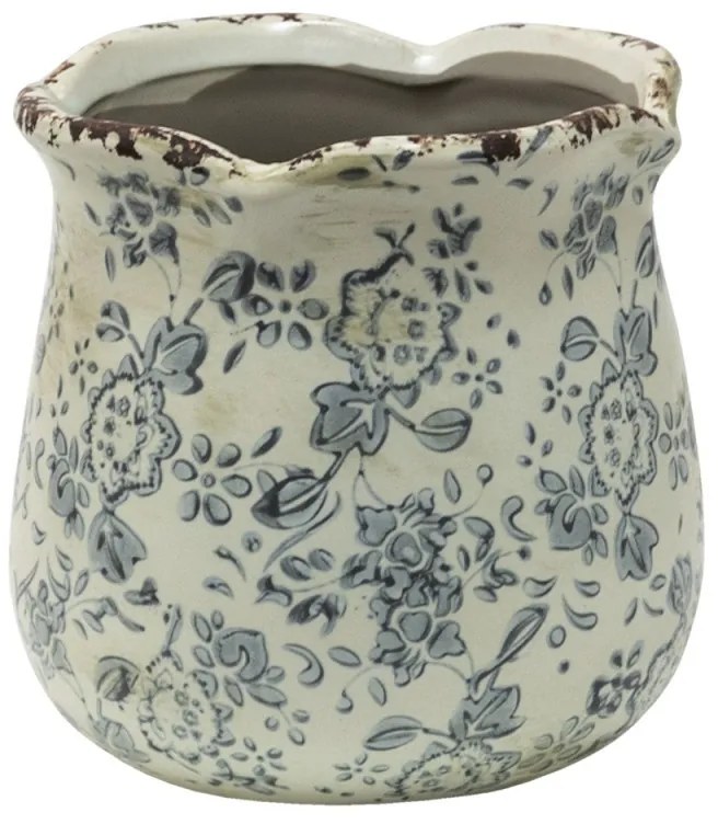 Retro béžový květináč se šedými květy Alana S - Ø 12*12 cm