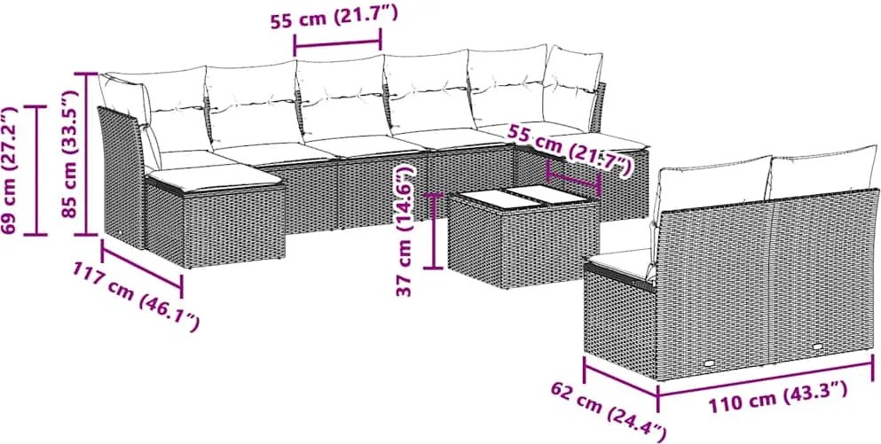 10dílná zahradní sedací souprava podušky světle šedá polyratan 3218282
