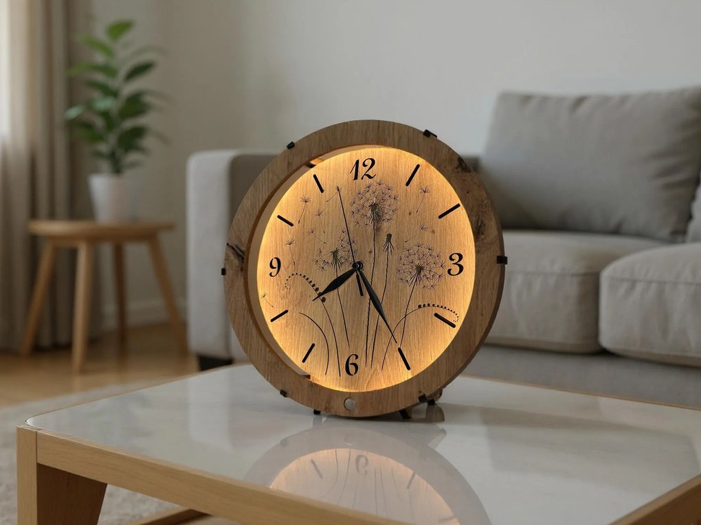 Li-Go "Pampeliška" světelné hodiny s powerbankou a pohybovým čidlem/dub světlý velikost svítidla/hodin: 50 cm