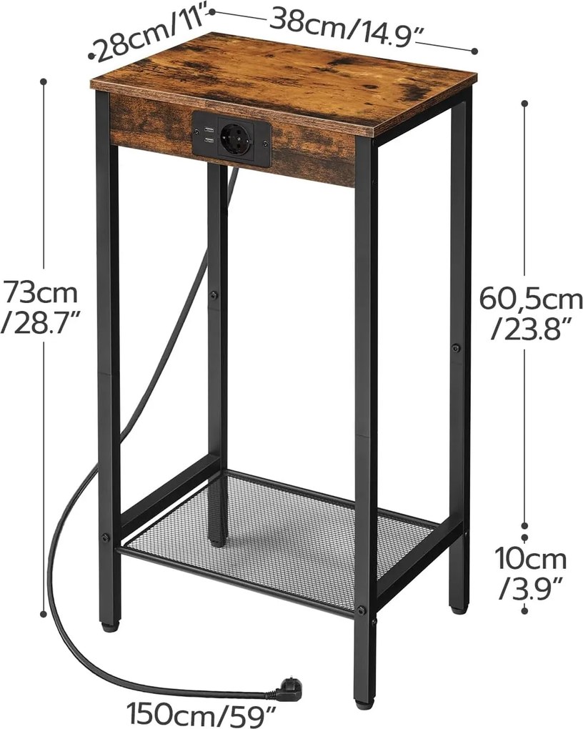 Odkládací stolek Vasagle Gravira 38 cm s nabíjecí stanicí černý/hnědý
