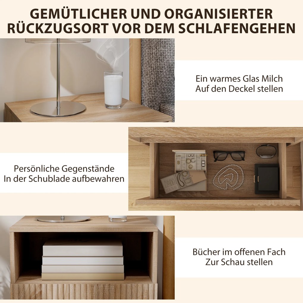 HOMCOM Noční stolek, design bez úchytek, otevřená přihrádka, zásuvka, montáž na zeď, světle hnědá