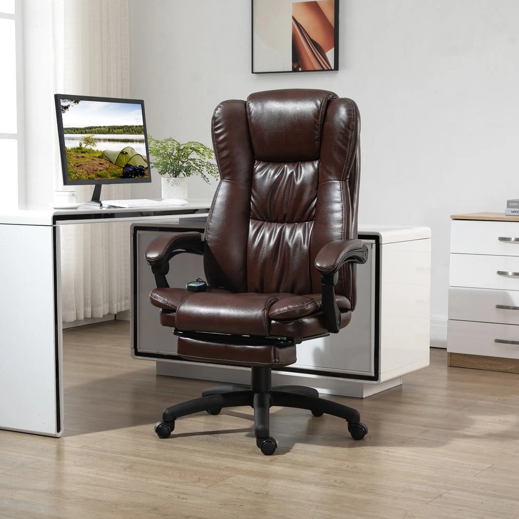 Kožená kancelářská židle Vinsetto s masážní funkcí a funkcí polohování, ergonomická kancelářská židle s podnožkou v hnědé barvě